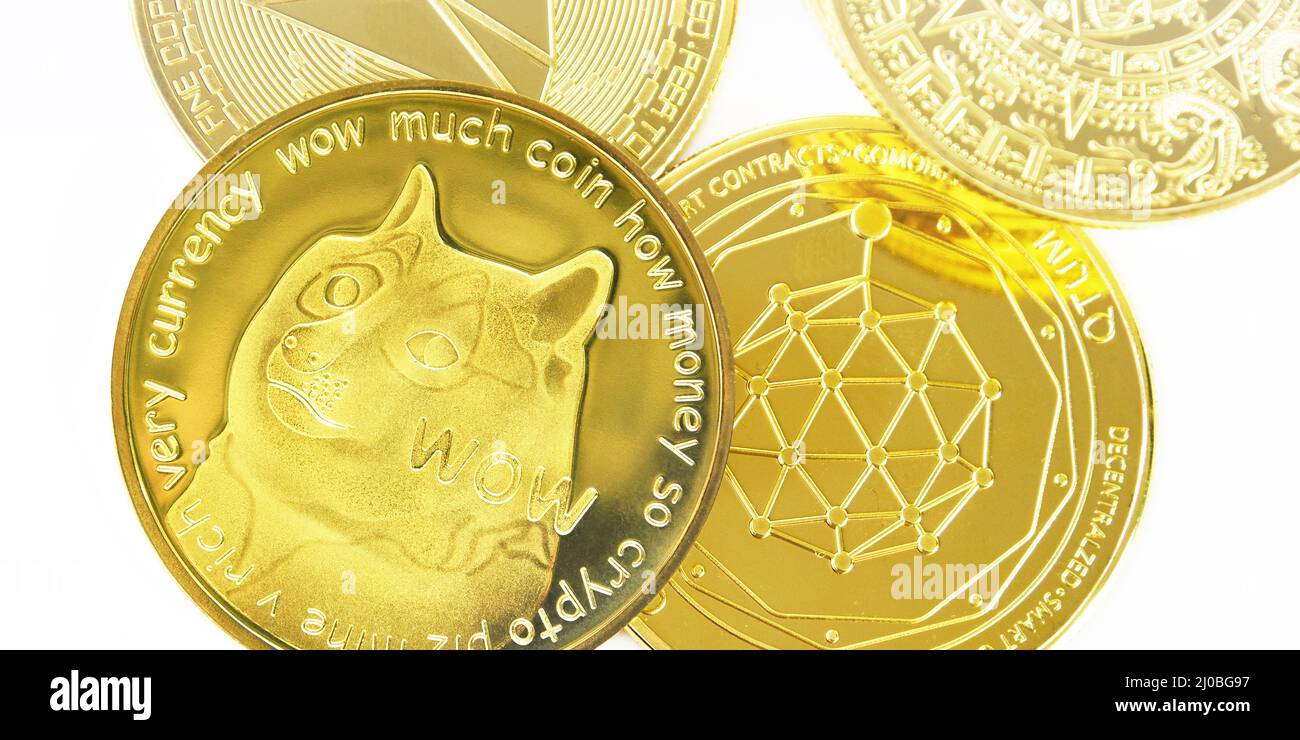 Dogecoin DOGE cryptocurrency isolated on white background, Face of the ...