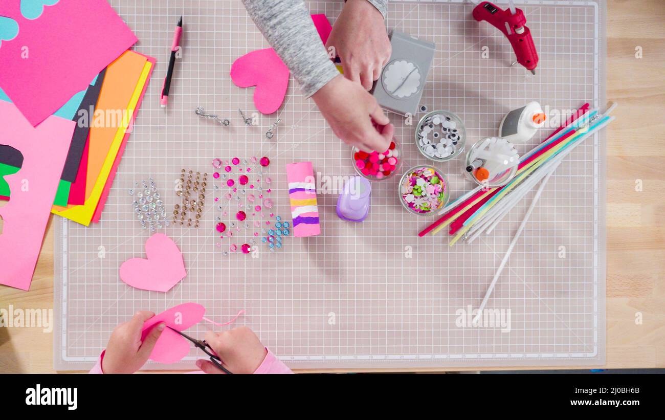 Flat lay. Kids papercraft. Making paper bugs out of the empty toilet ...