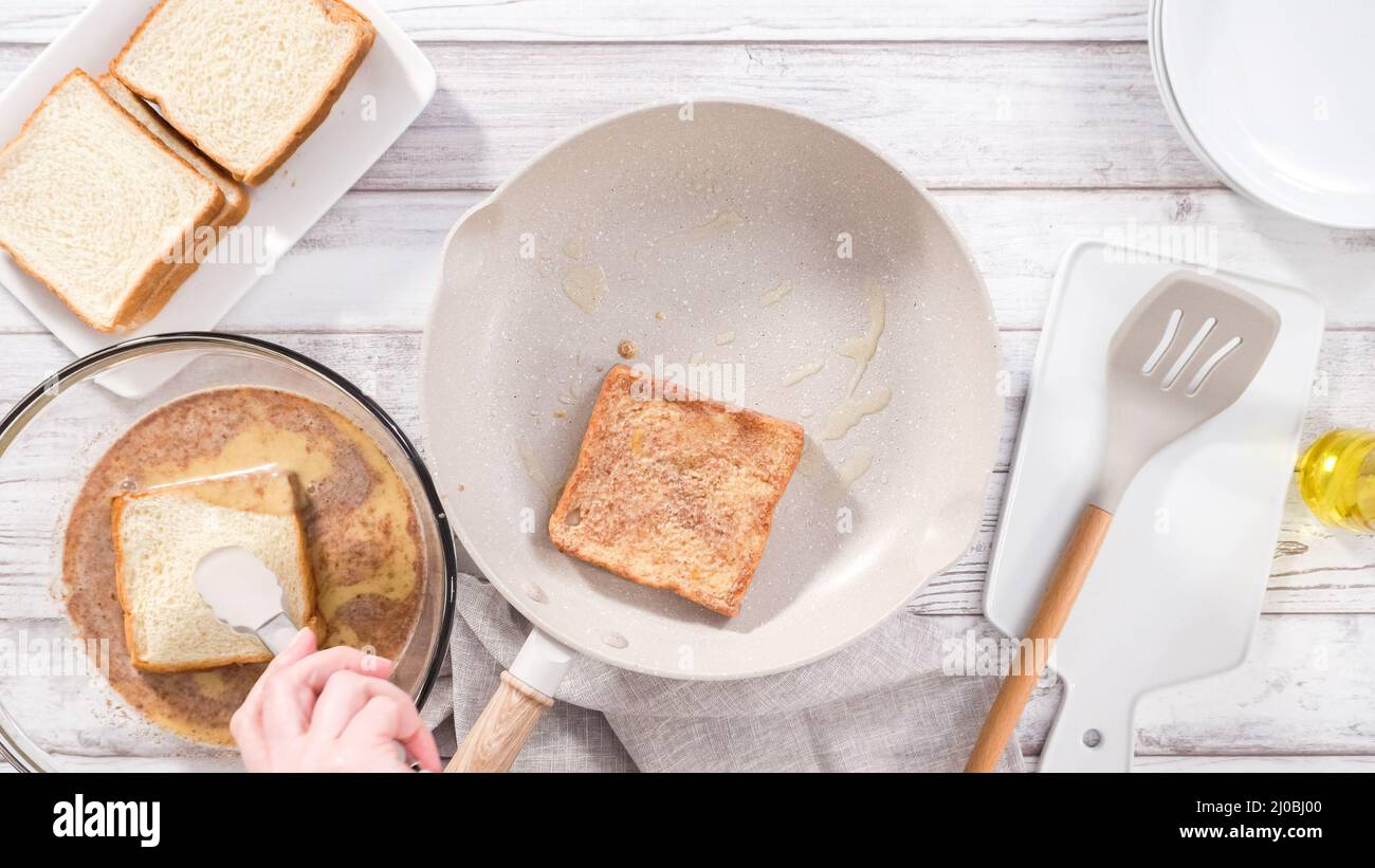 Step by step. Frying french toast in a nonstick frying pan Stock Photo ...