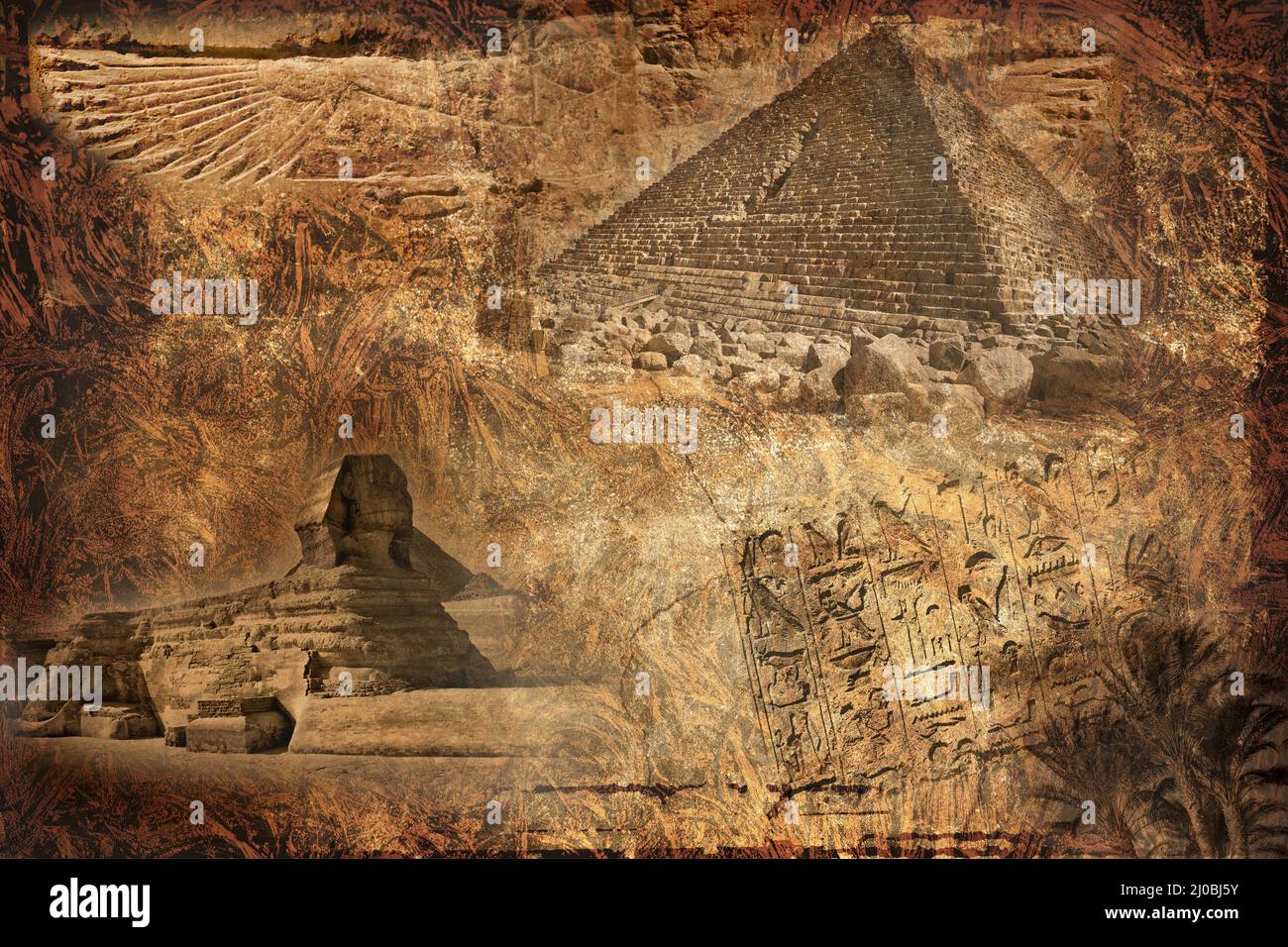 Vintage collage with the Egyptian pyramids and the Sphinx Stock Photo ...