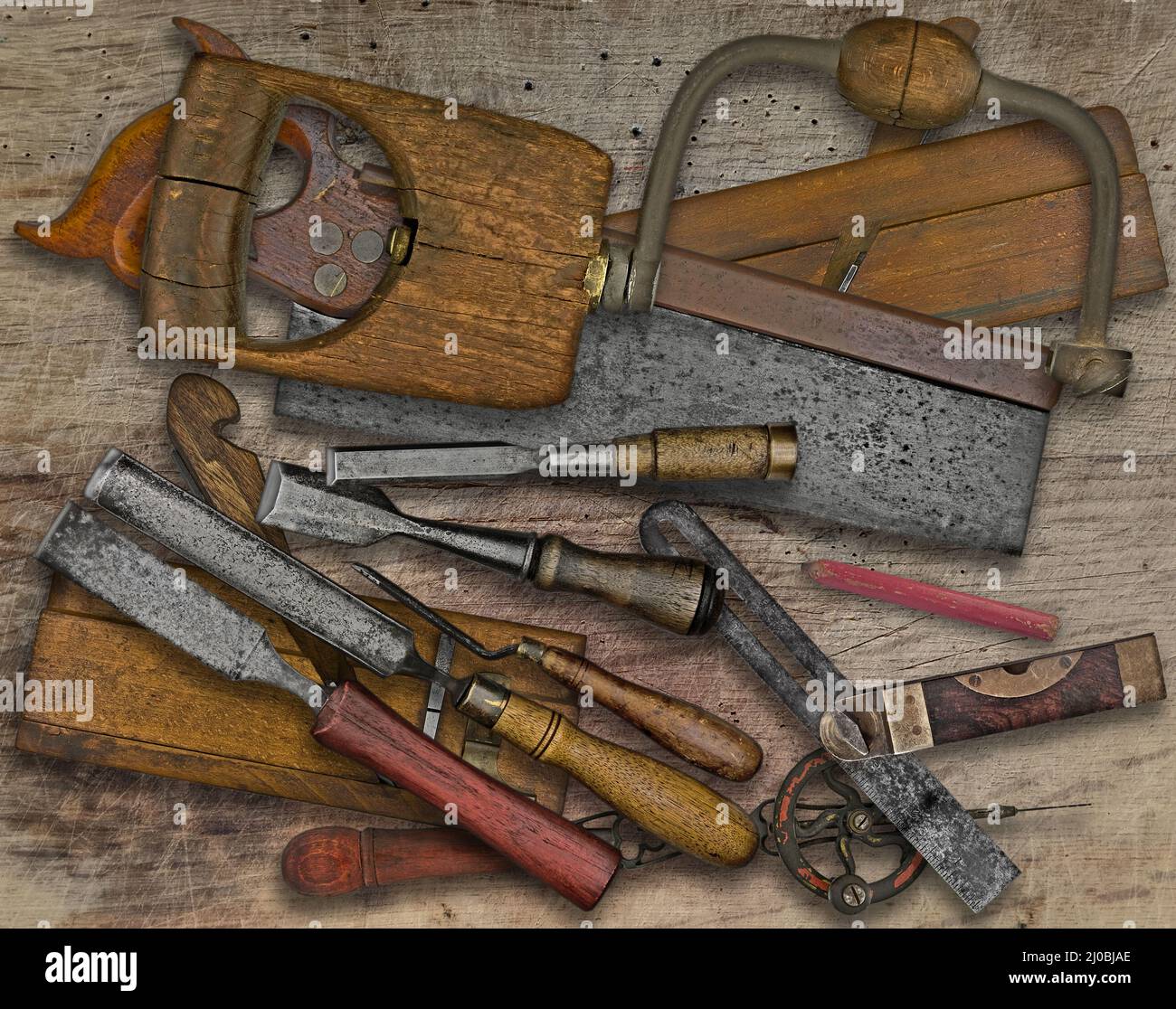 Woodworking tools over bench Stock Photo - Alamy