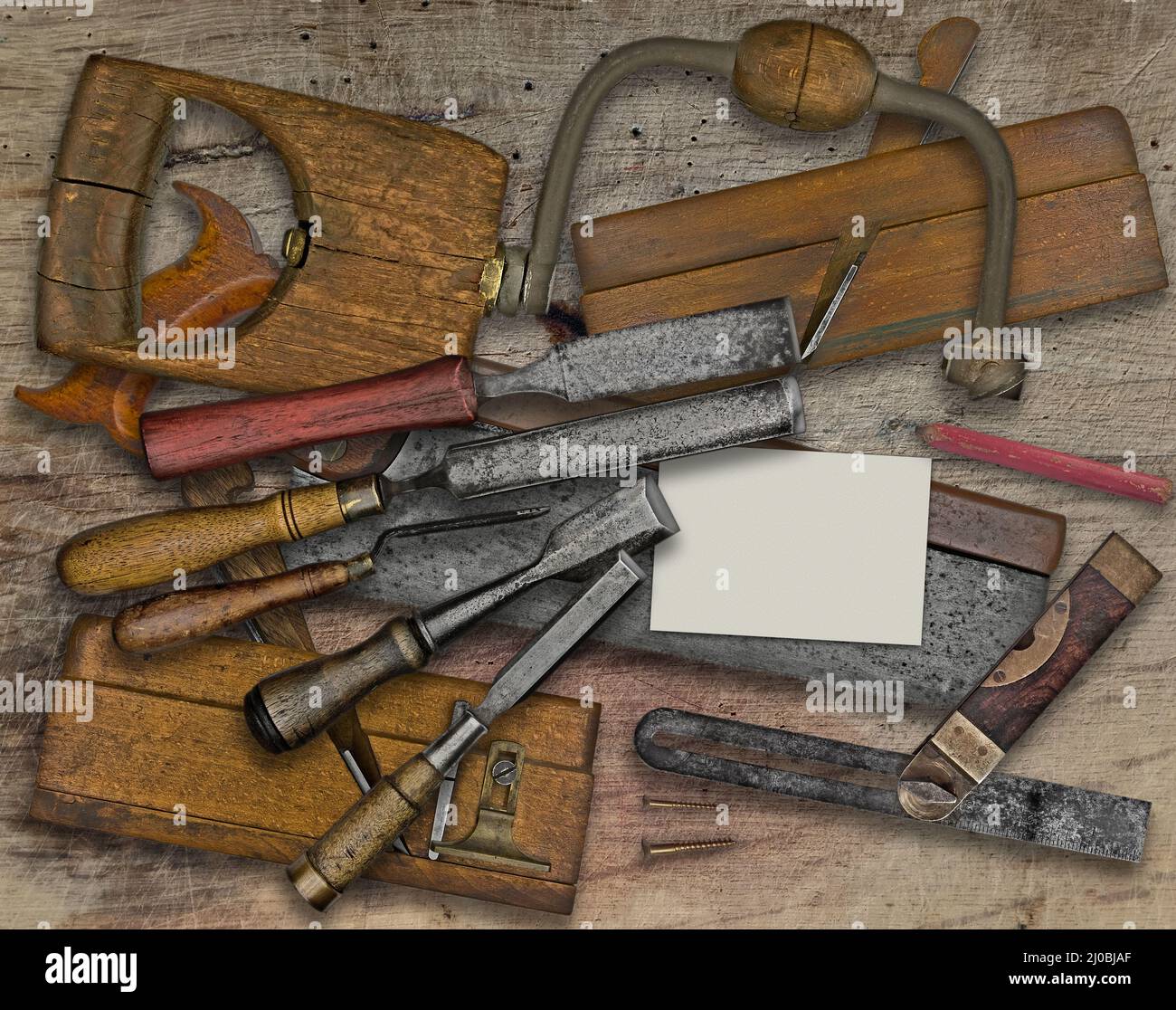 Woodworking tools and business card over bench Stock Photo - Alamy