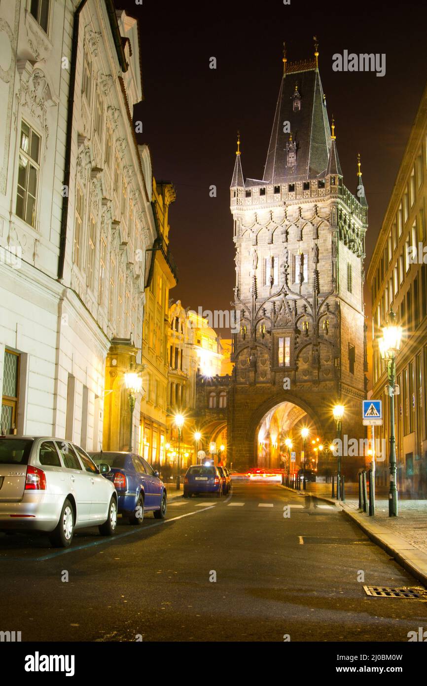 Night View Of The Powder Tower Or Powder Gate. This Landmark Is A Gothic Tower In Prague, Czech ...