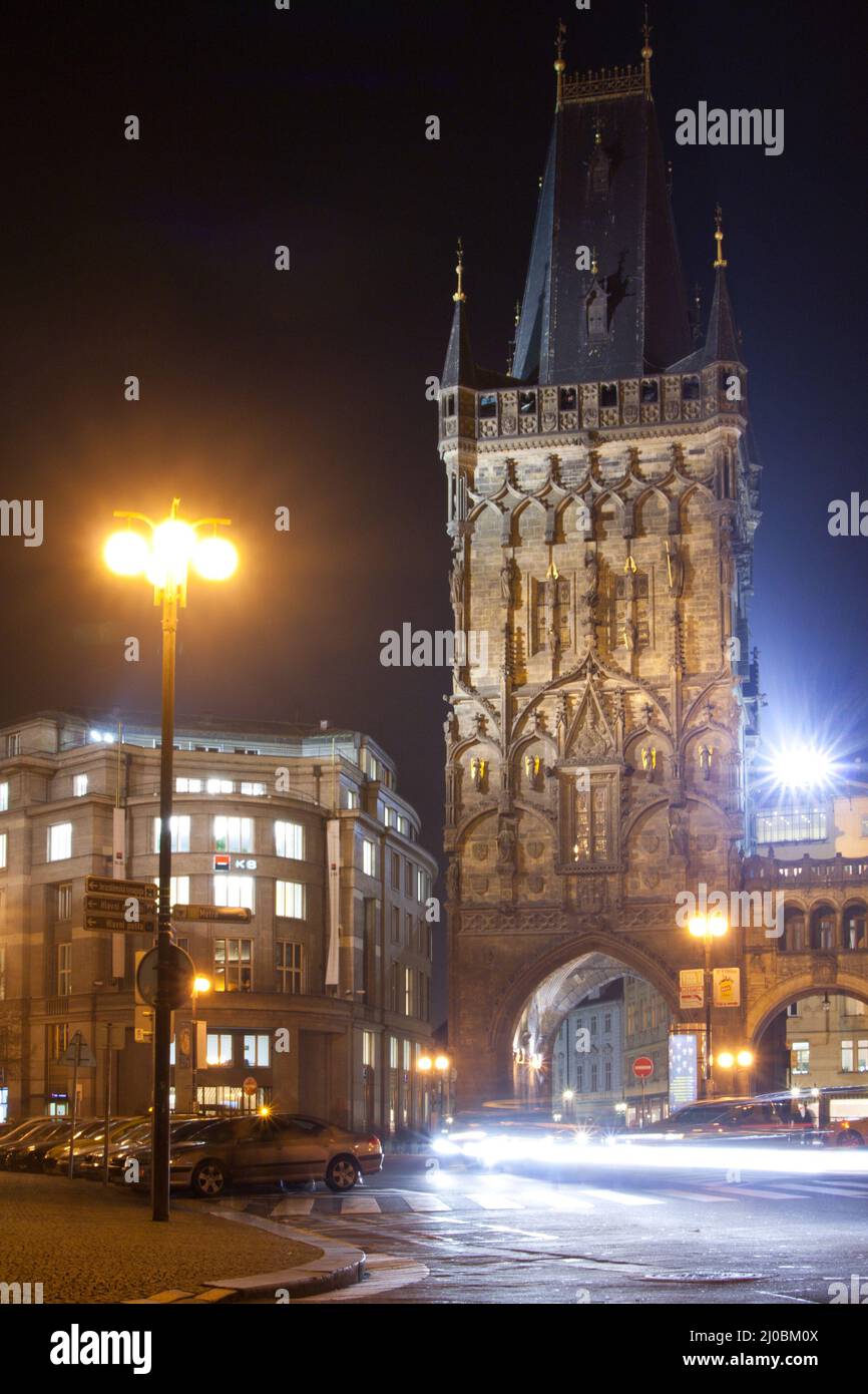 Night View Of The Powder Tower Or Powder Gate. This Landmark Is A ...