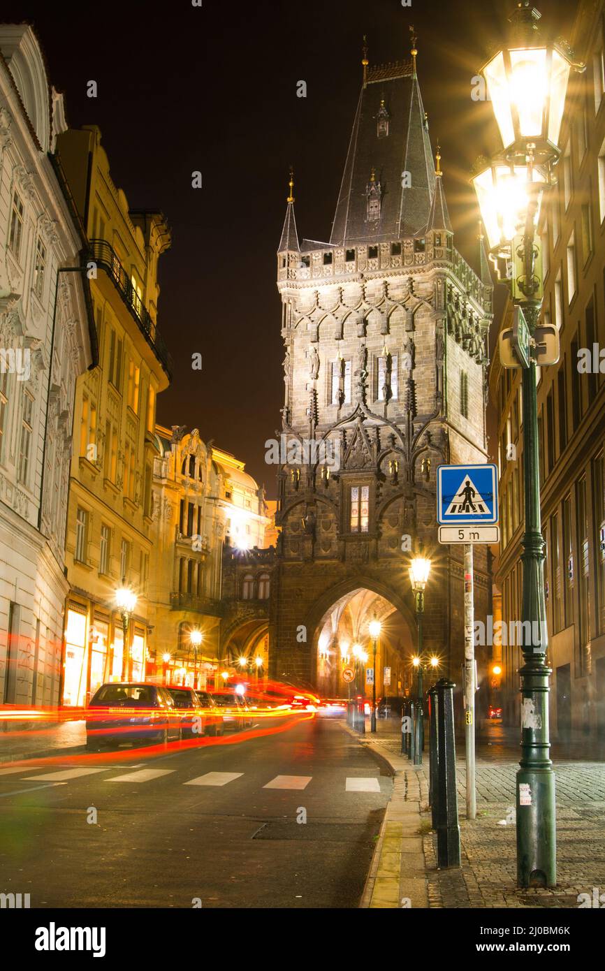 Night View Of The Powder Tower Or Powder Gate. This Landmark Is A Gothic Tower In Prague, Czech ...