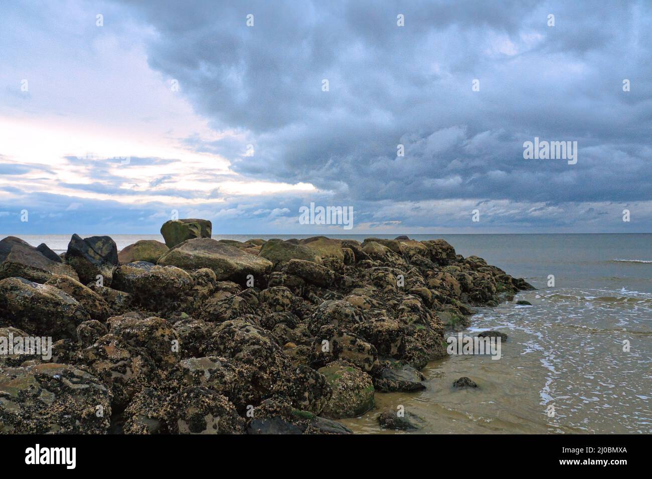 Stone groynes going into the sea on the beach in Blåvand Denmark ...