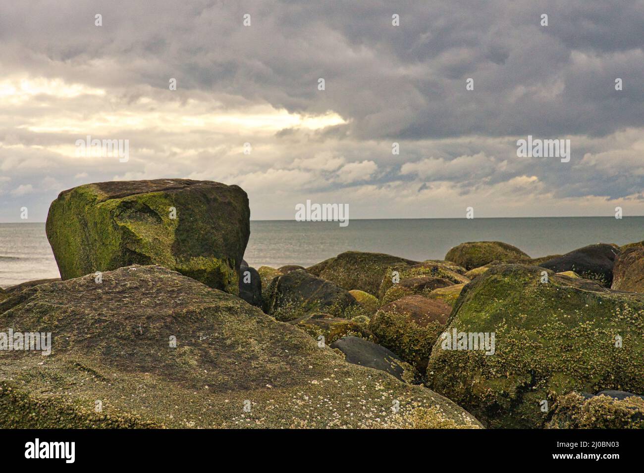 Stone groynes going into the sea on the beach in Blåvand Denmark ...