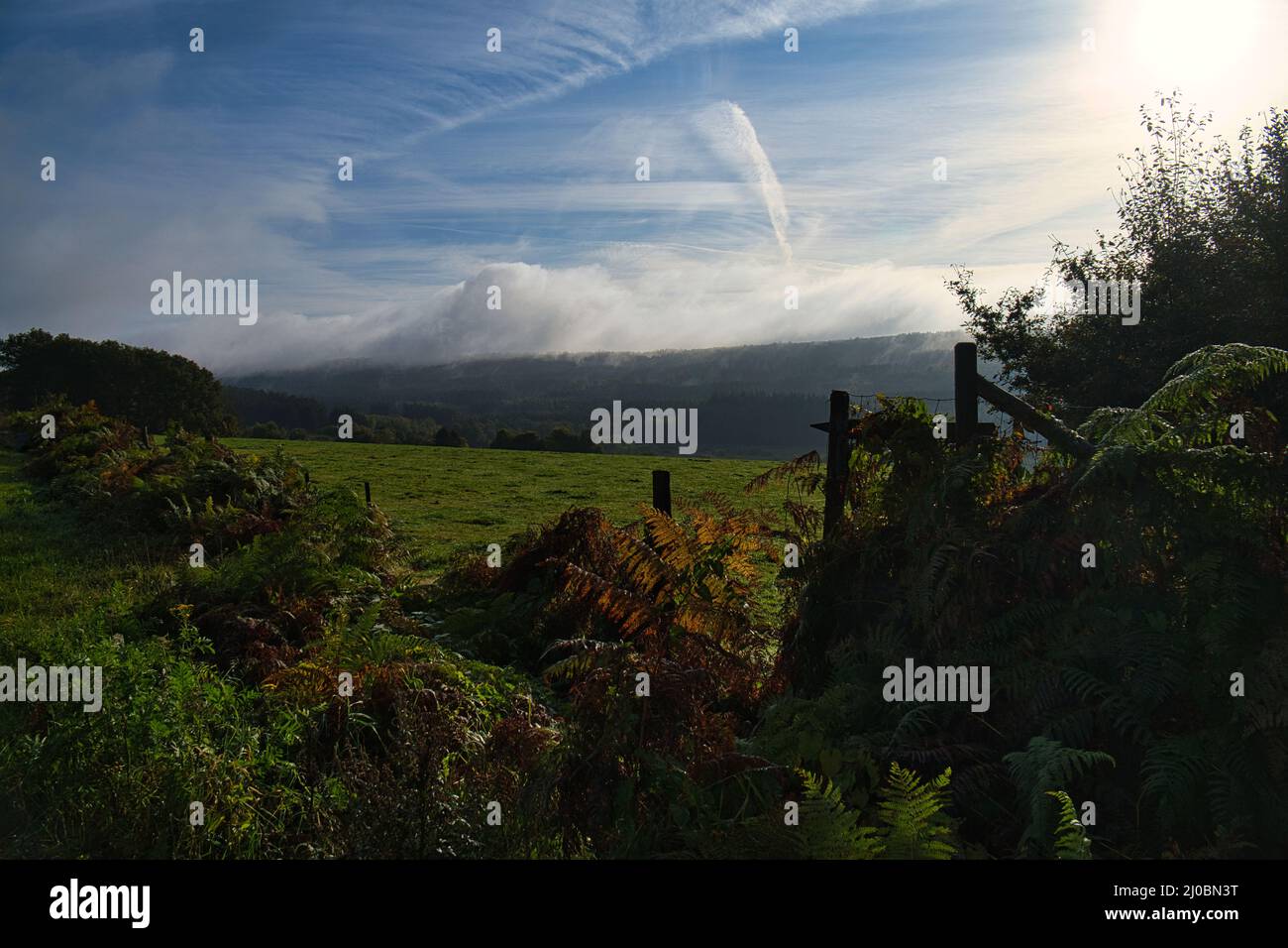 landscape with hills, fields, meadows, and agriculture. Hiking in ...