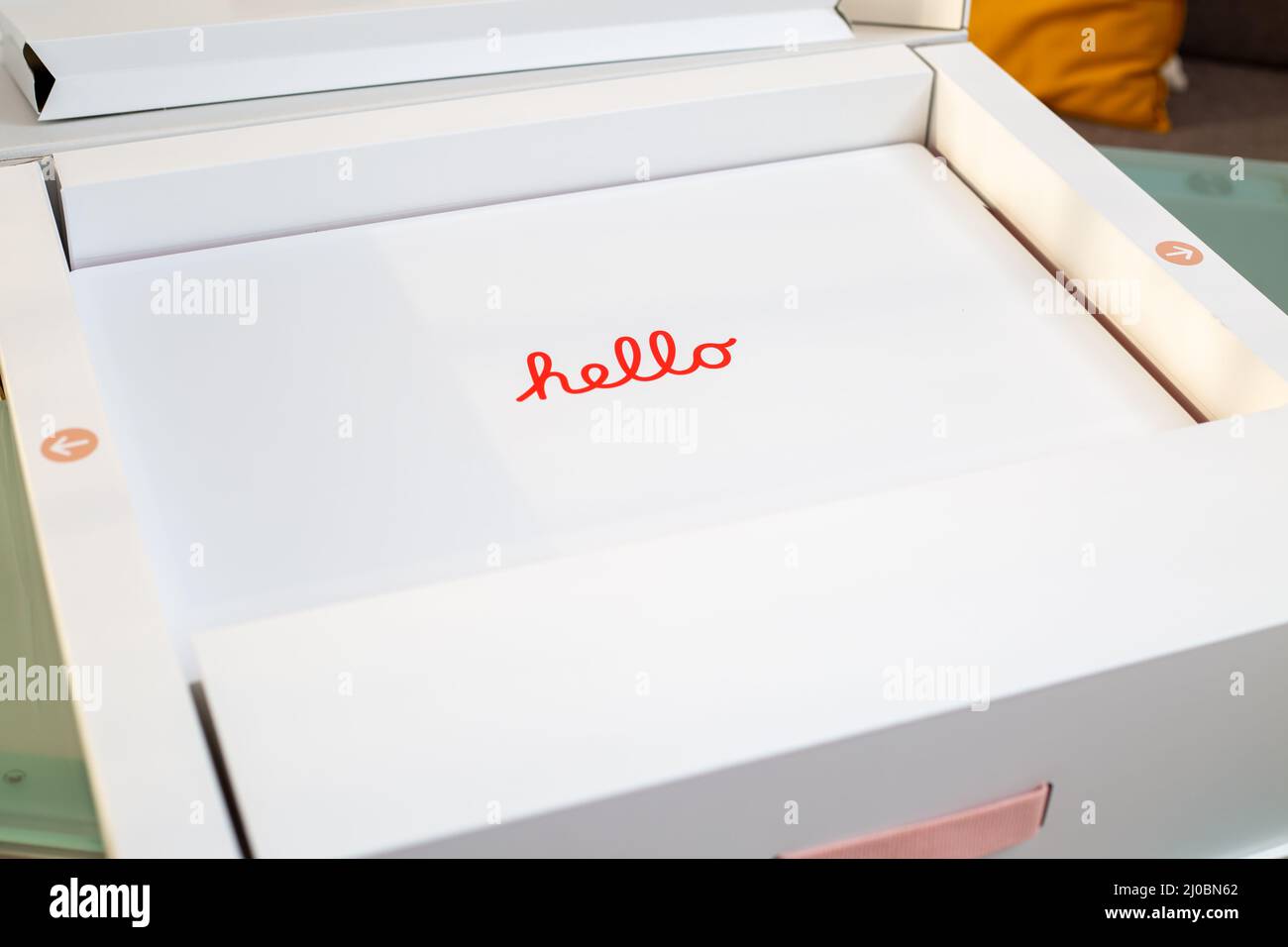 Bologna, Italy: February 14, 2022.Unboxing the new modern Apple pink ...