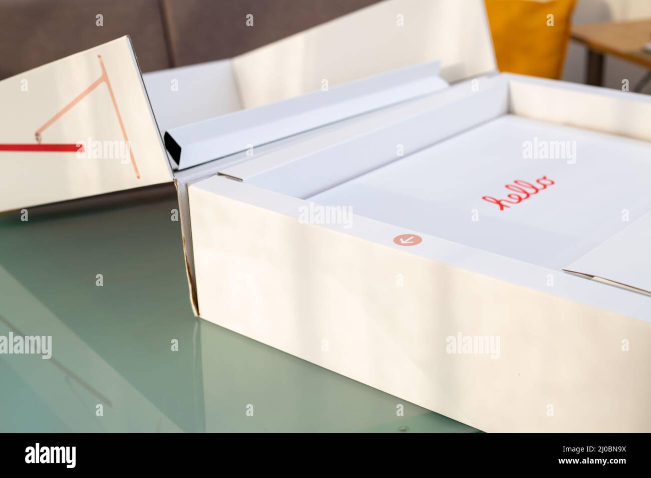 Bologna, Italy: February 14, 2022.Unboxing the new modern Apple pink ...