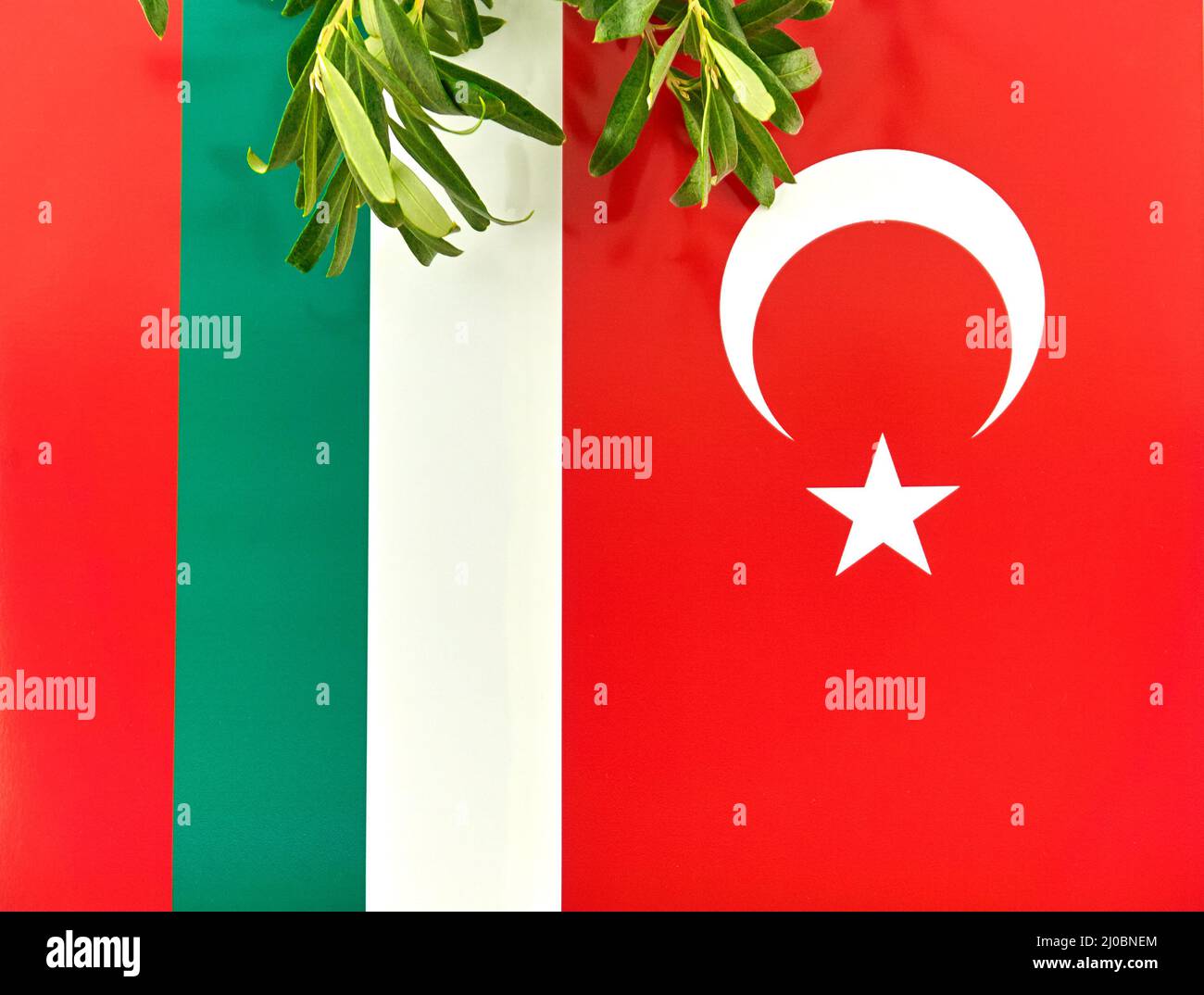 Bulgaria and Turkey Flag with olive leaf symbol of peace Stock Photo ...
