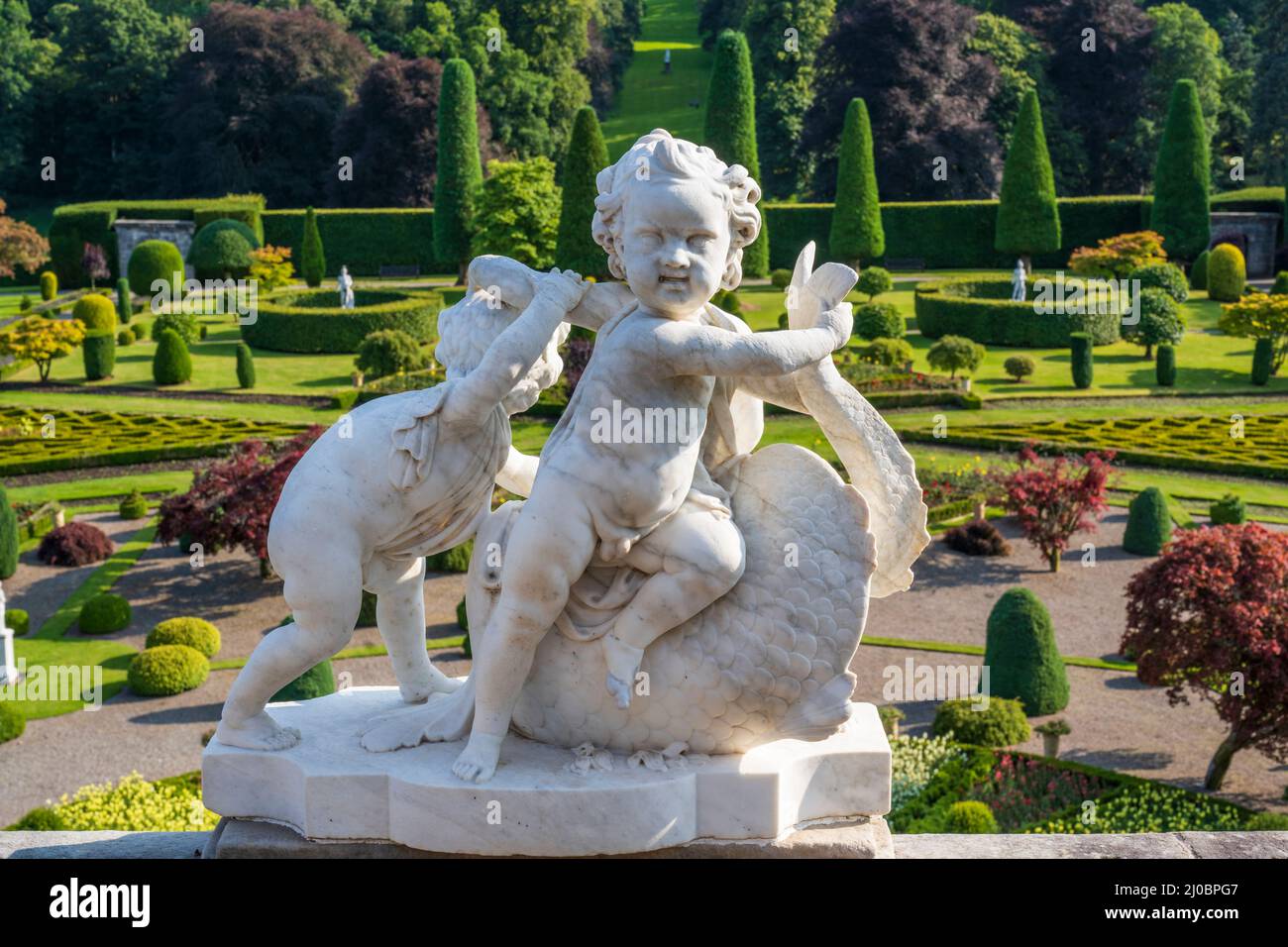 Cherub statue on terrace overlooking Drummond Castle Gardens near ...