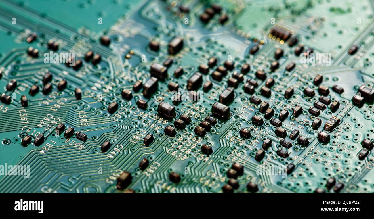 Macro Close up of printed wiring on PC circuit board of modem router ...