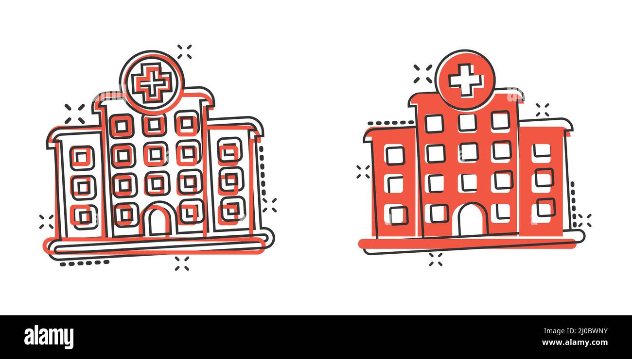 Hospital building icon in comic style. Medical clinic cartoon vector ...