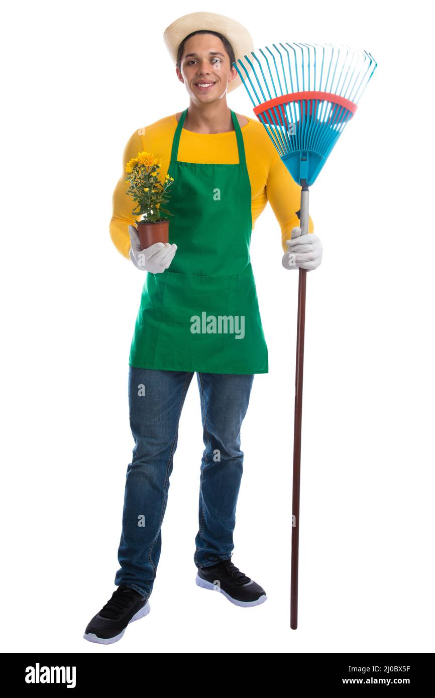 Gardener garden gardening profession rake full body standing flower ...