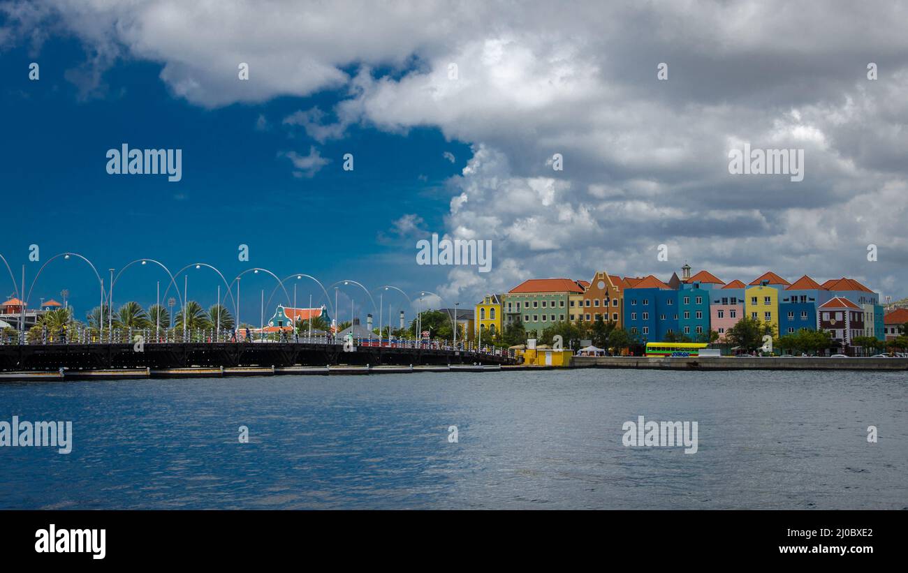 Willemstad, Curacao Handelskade with colorful facades and Queen Emma ...