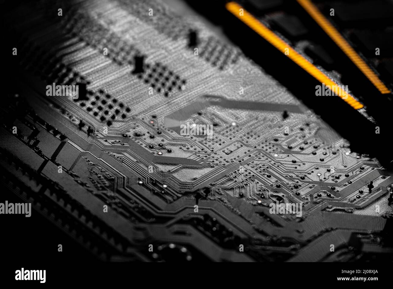 Macro Close up of computer RAM chip; random access memory chip slot for ...