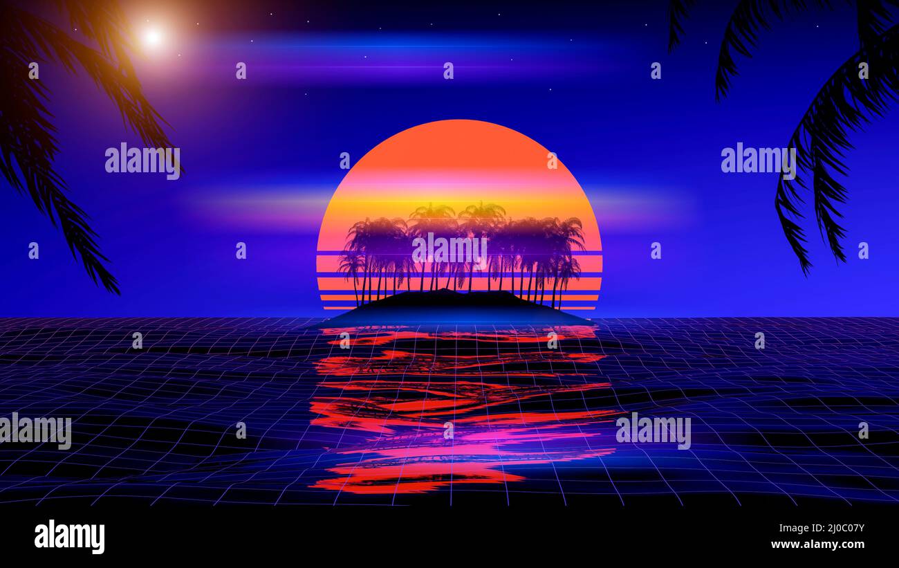 3d tropical sunset with island and palm trees. Ocean and neon sun in ...