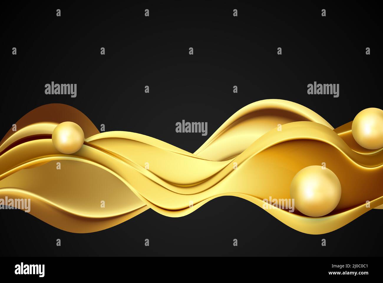 Black background with smooth golden wave and golden spheres.Abstract ...