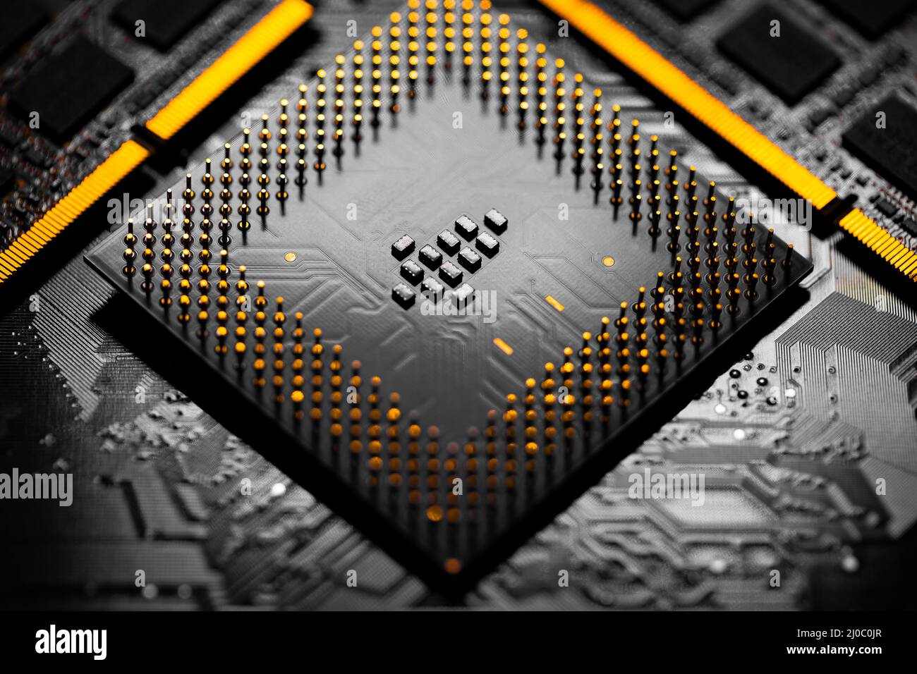 Macro Close up of RAM Memory and pins on Main CPU PC processor circuit ...