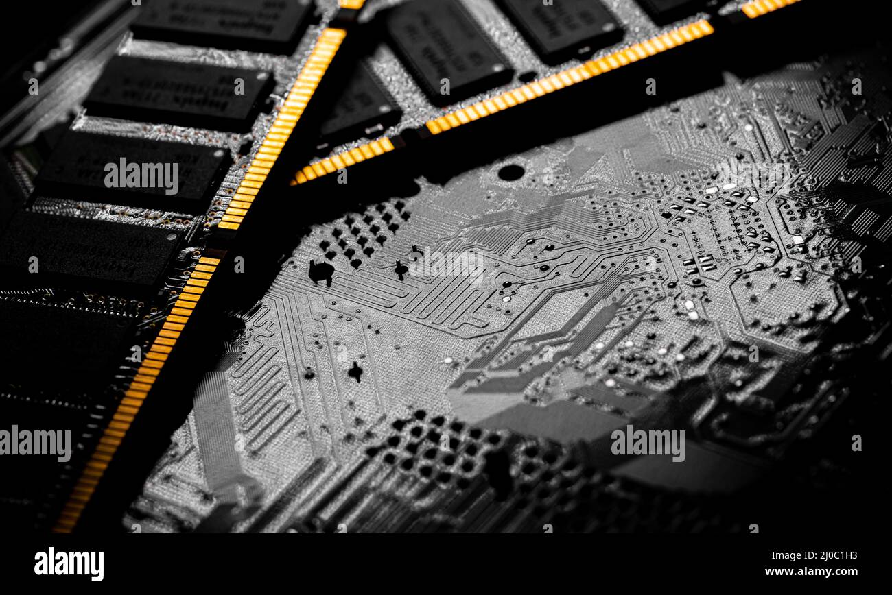 Macro Close up of computer RAM chip; random access memory chip slot for ...