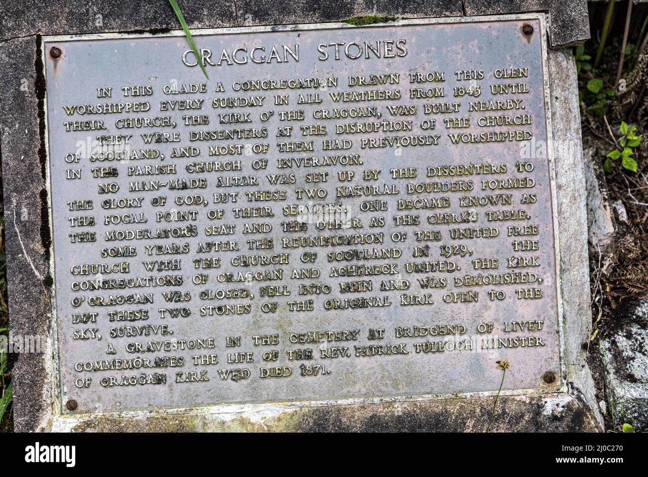 A plaque marking Craggan Stones, a spot where Dissenters met for ...