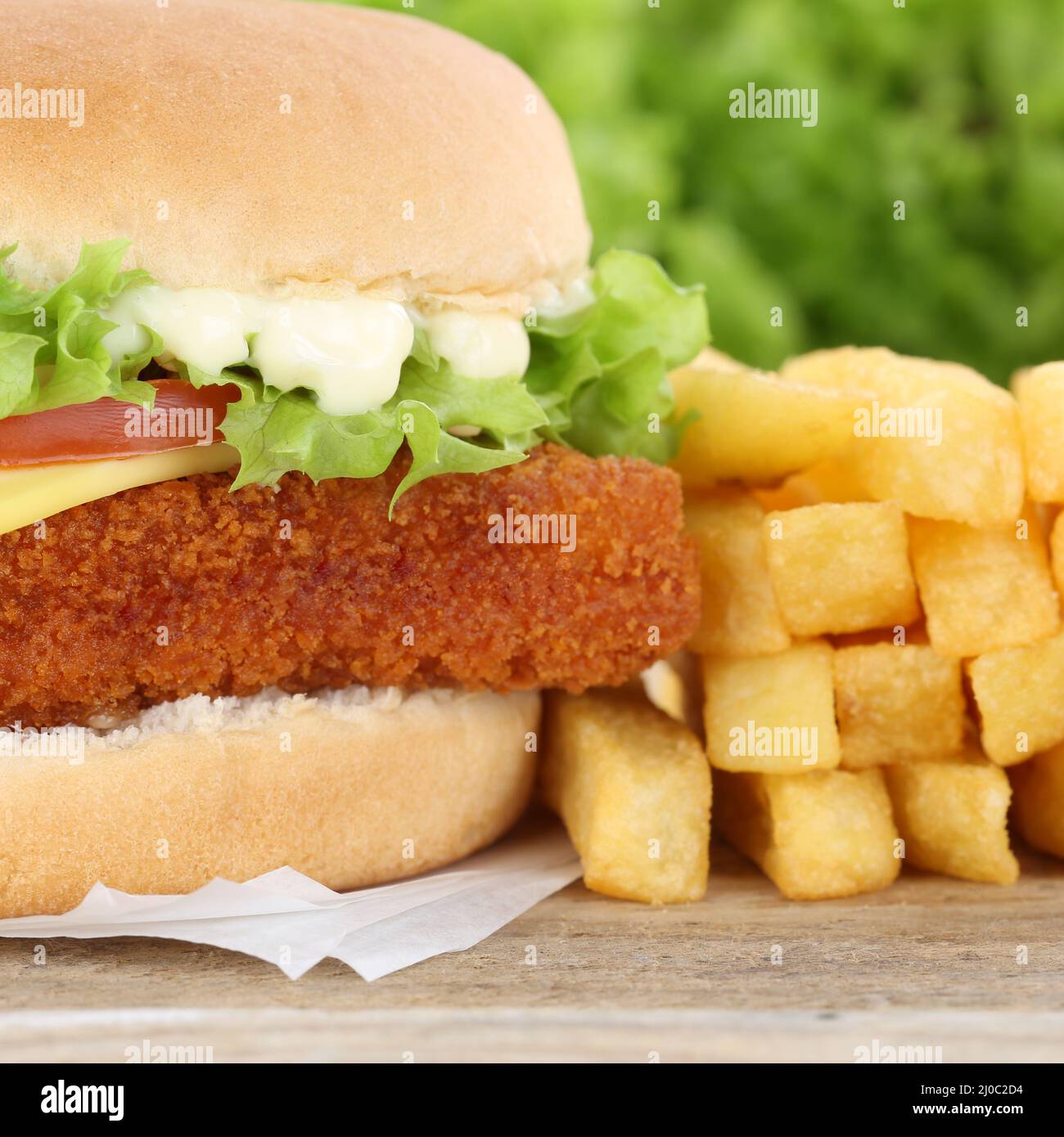 Fish burger bakery fish hamburger with fries closeup closeup Stock ...