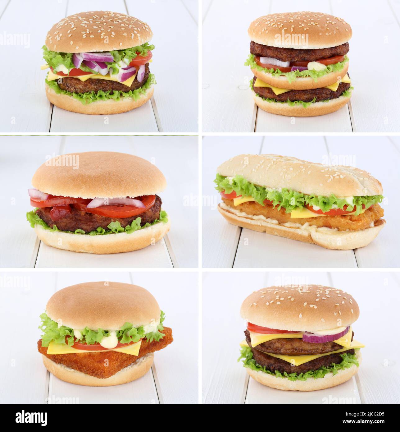 Hamburger collection collage cheeseburger cheese tomato salad wooden ...