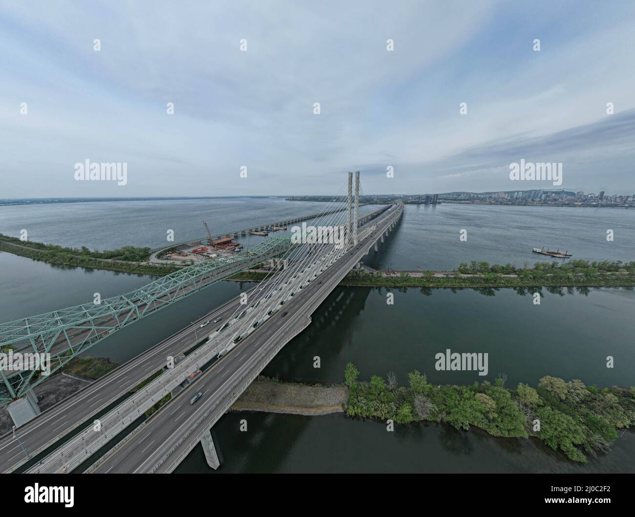 Aerial shot of Pierre Laporte Bridge above the Lawrence river Stock ...