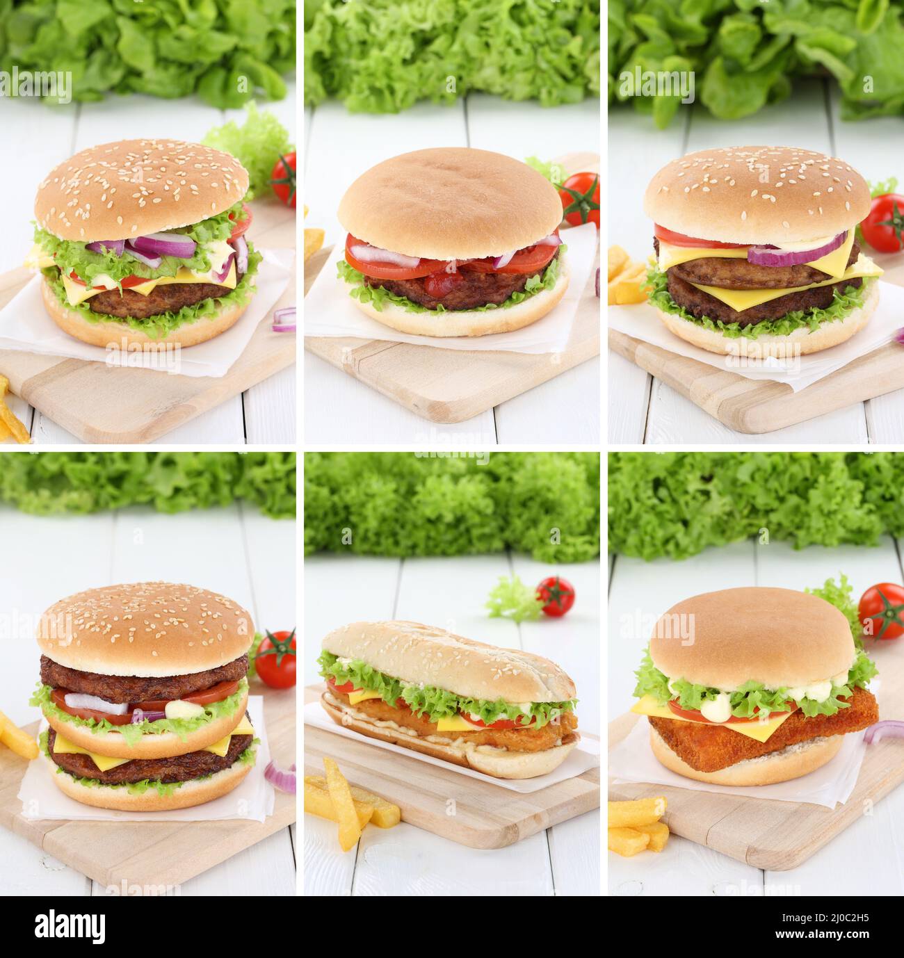 Hamburger collection collage cheeseburger fresh meat cheese tomato ...