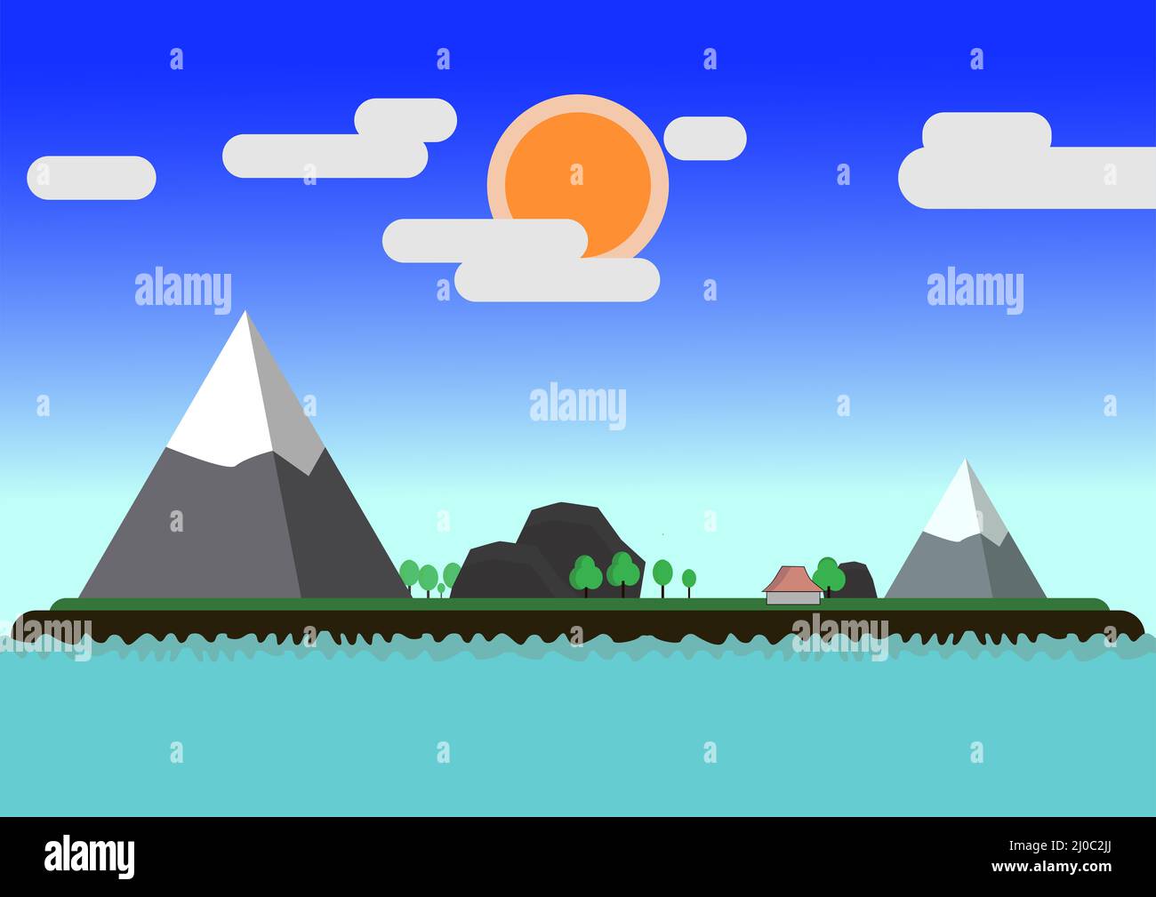 Illustration of flat design background mountain scenery on the island ...