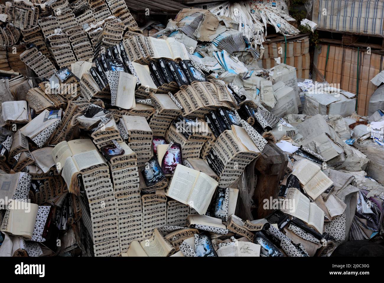 Altpapier, Paletten mit neuen Büchern, Überproduktion, nicht ...