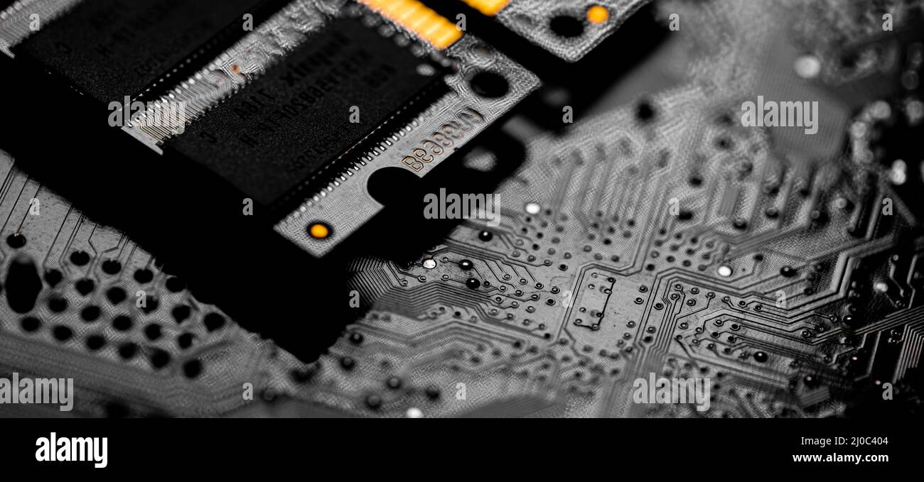 Macro Close up of computer RAM chip; random access memory chip slot for ...