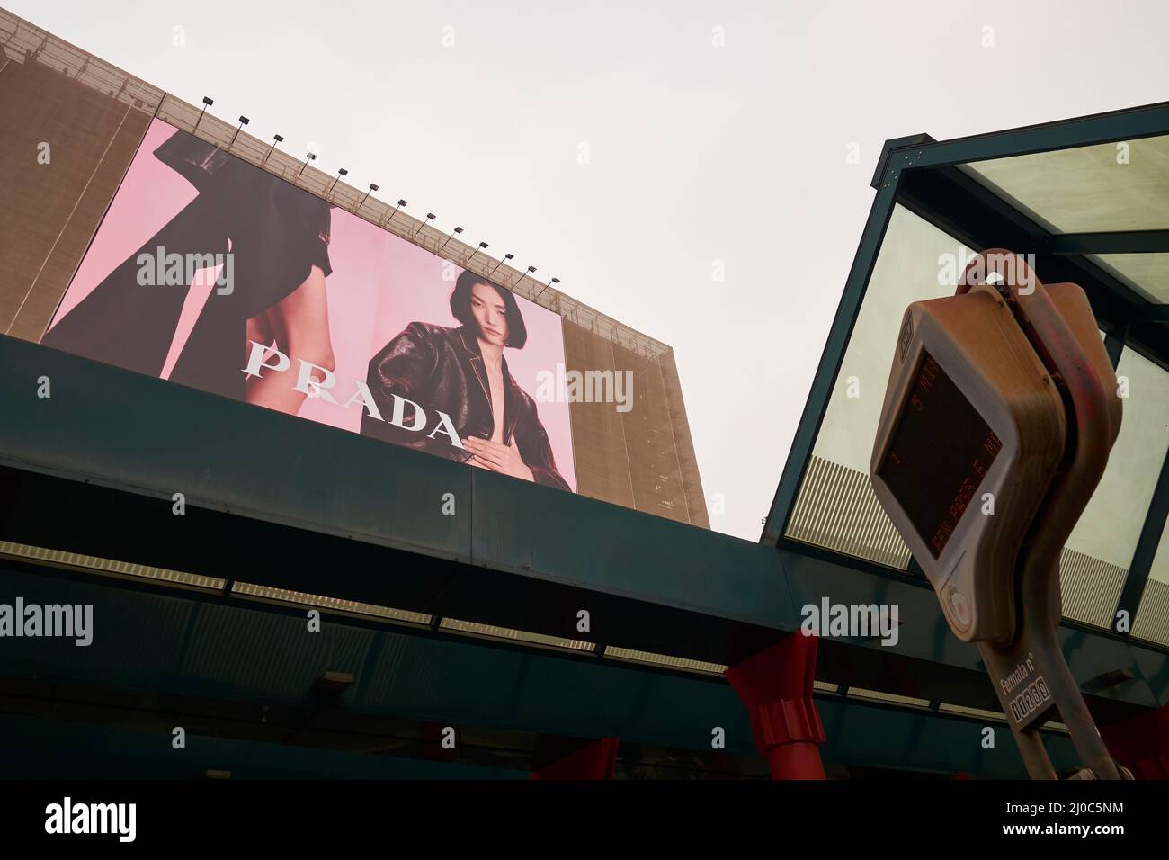 Milano, piazzale Cadorna, wide advertising billboard of Prada brand ...