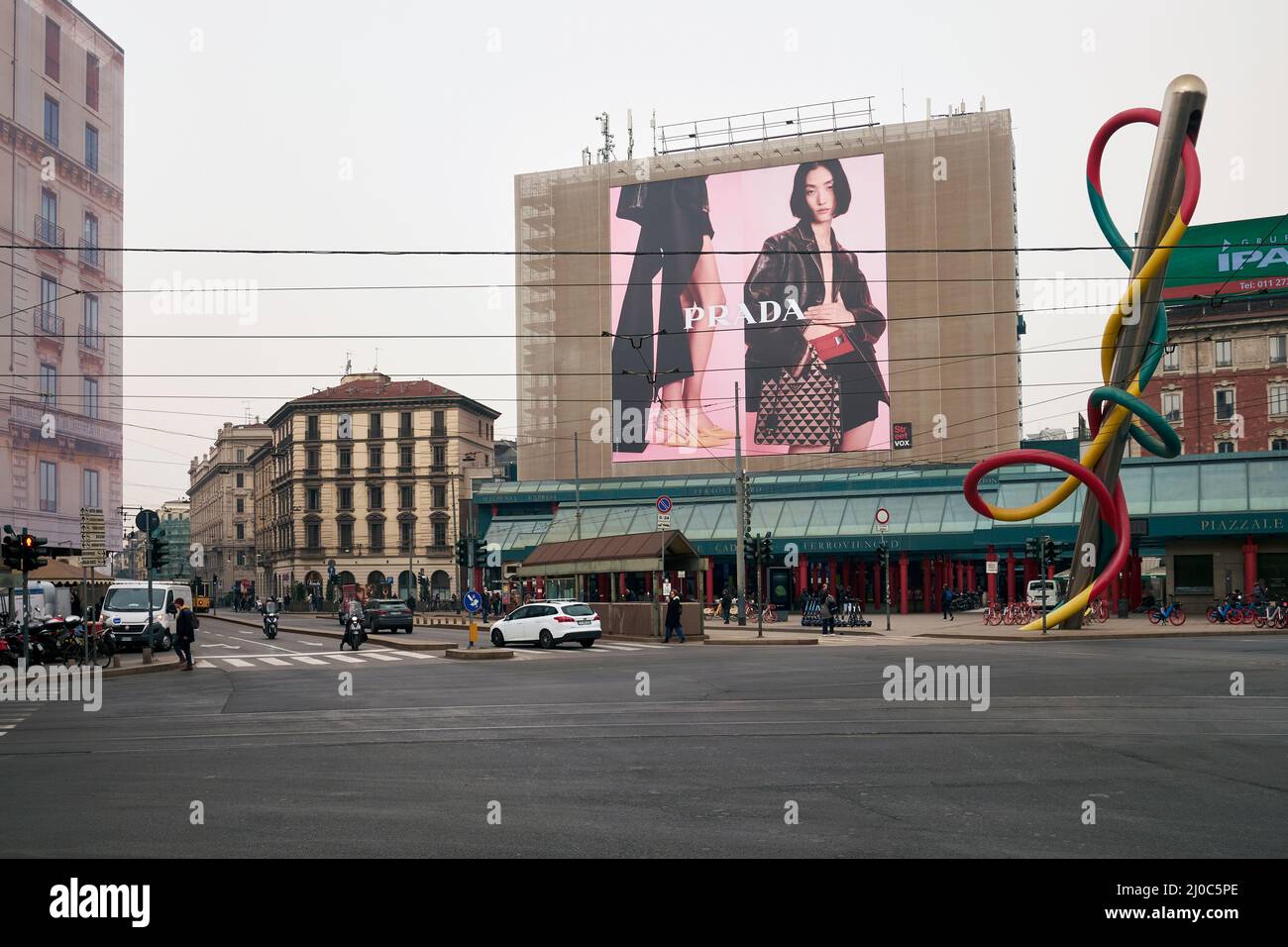 Milano, piazzale Cadorna, wide advertising billboard of Prada brand ...