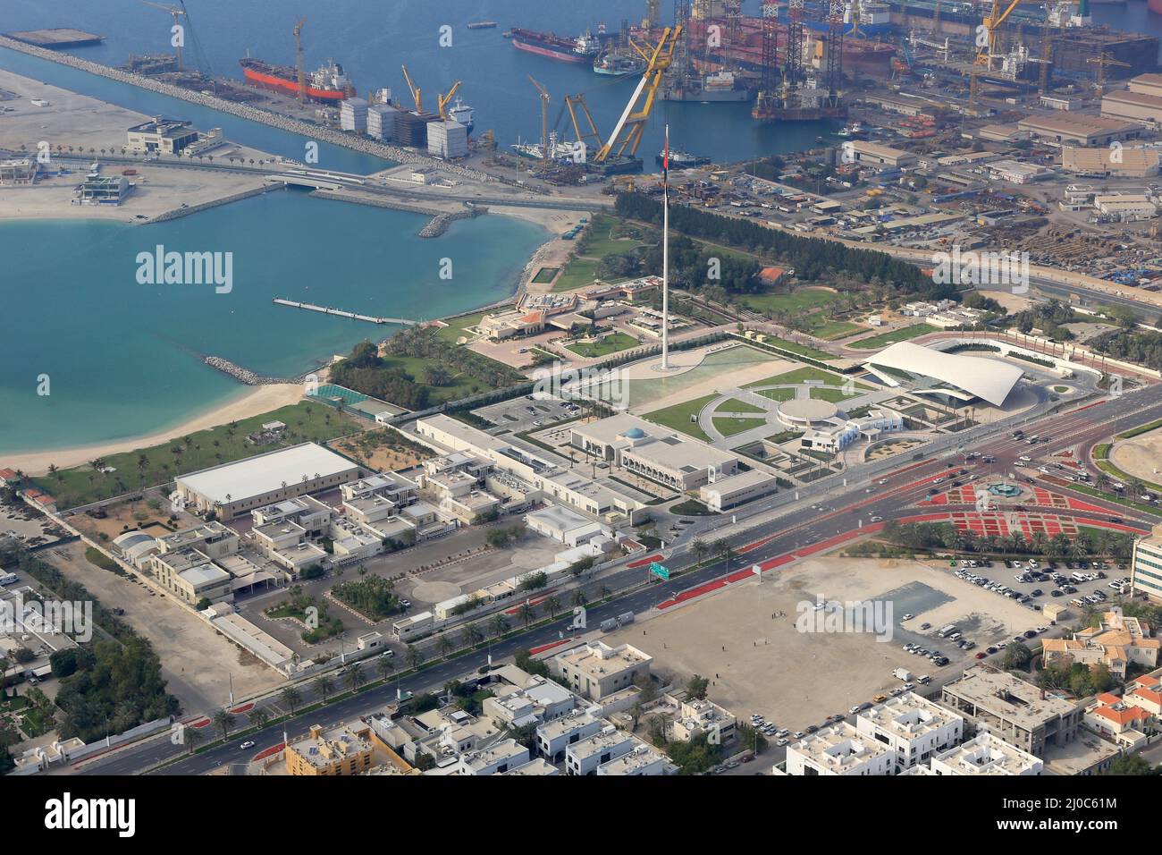 Dubai Union House Etihad Museum Jumeirah aerial view aerial photo Stock ...