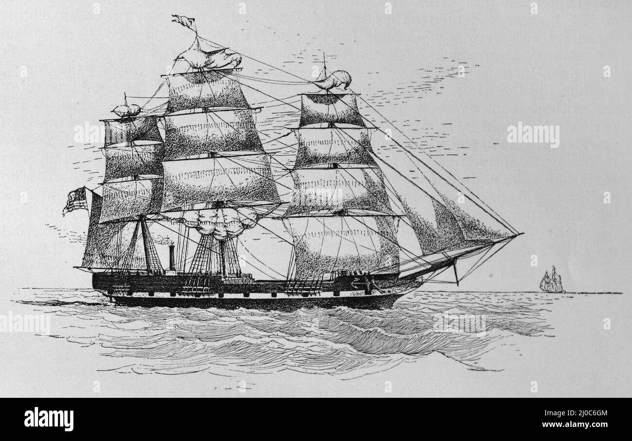 Auxiliary Steam Packet Ship, Massachusetts, circa 1845. Black and White ...