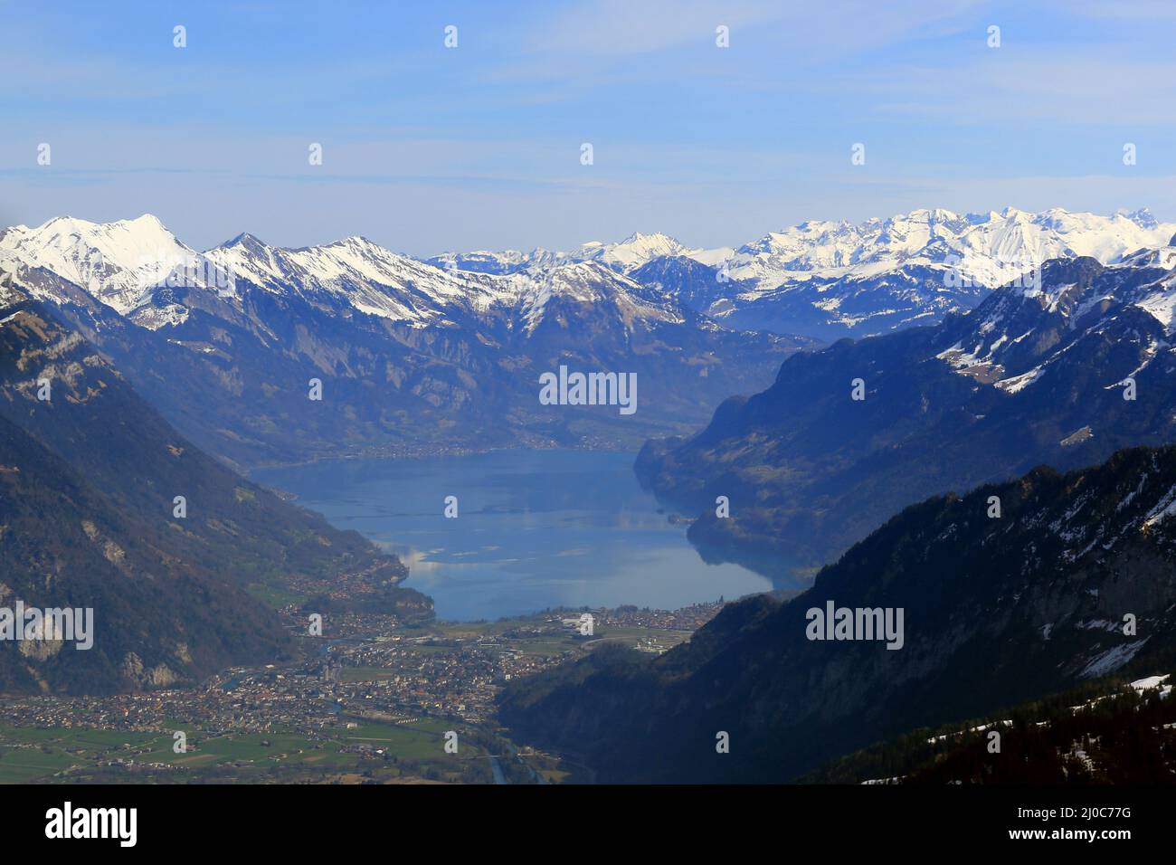 Interlaken with Alps Lake Brienz Switzerland aerial view Stock Photo ...