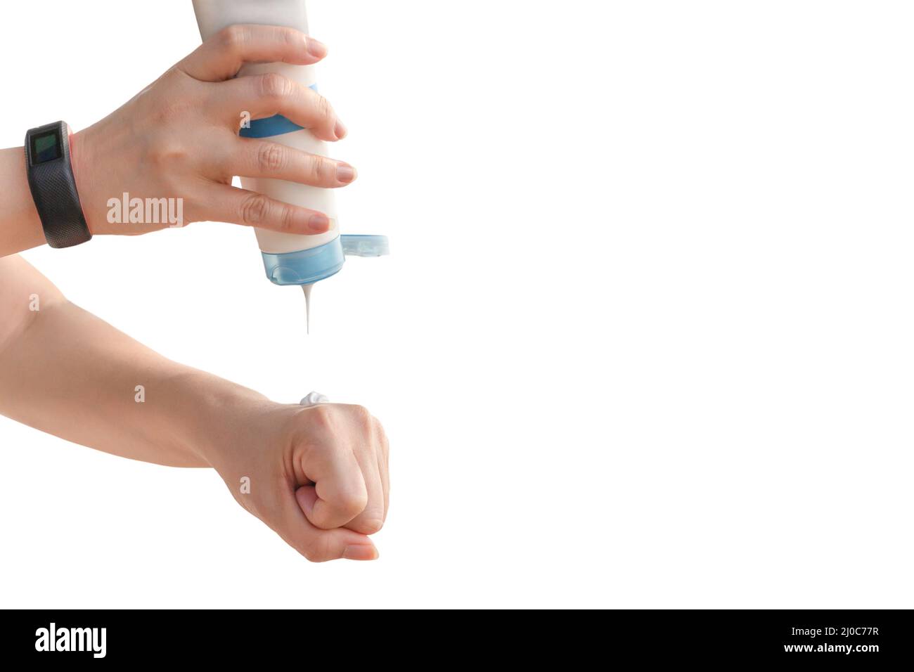 Woman pouring sun protection cream on her hand isolated in clipping ...