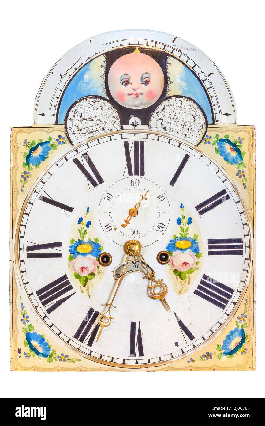 Medieval clock face with painting of baby and globes isolated on a ...