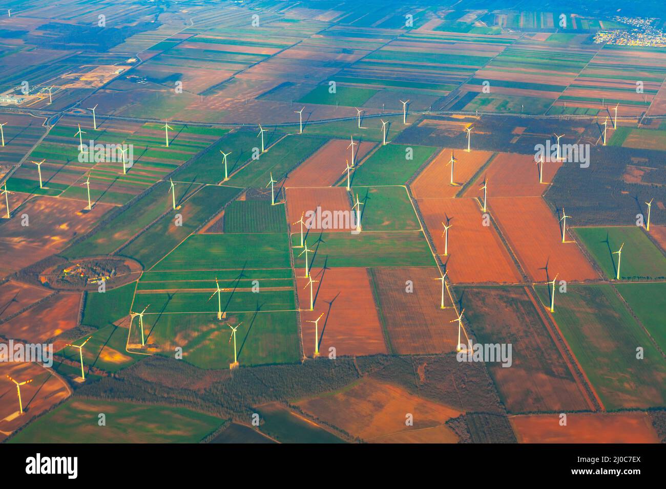 Aerial Photography of Wind Turbines on the Meadow . Onshore Wind Farm ...