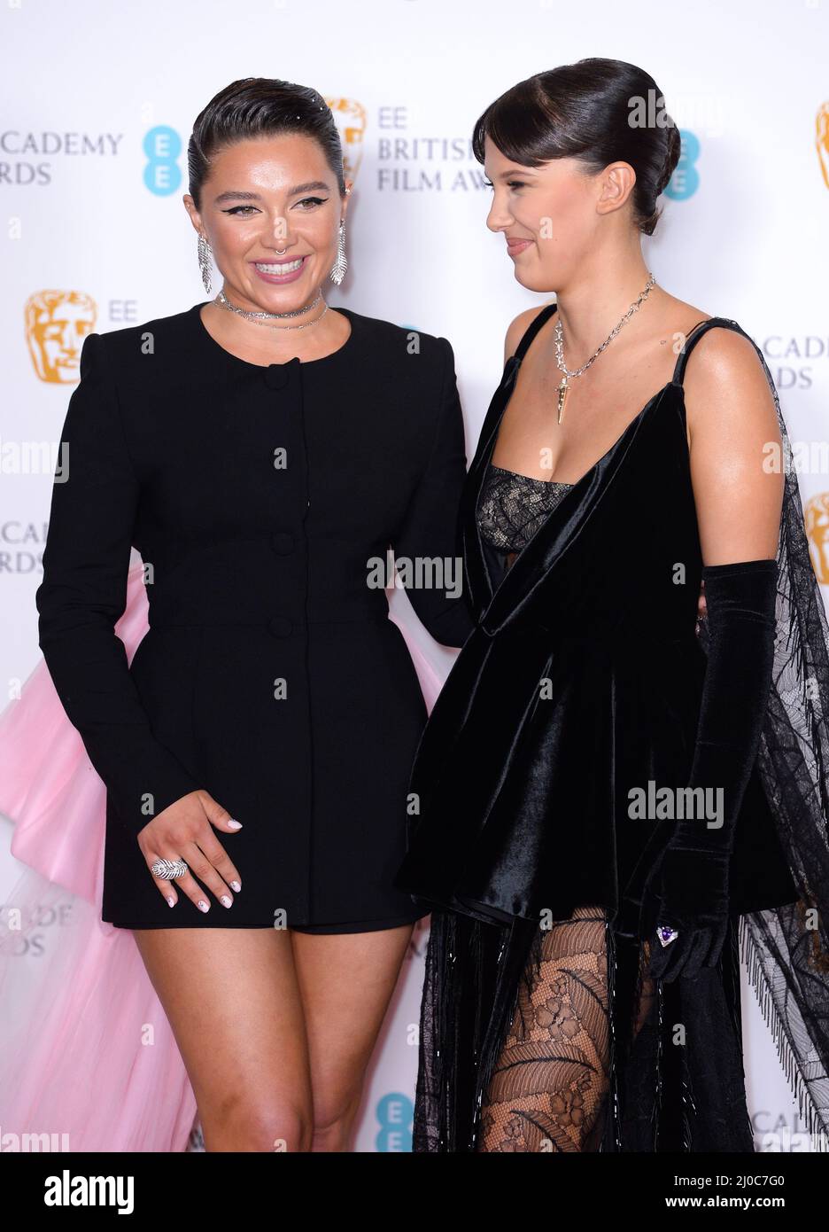 March 13th, 2022, London, UK. Florence Pugh and Millie Bobby Brown in ...