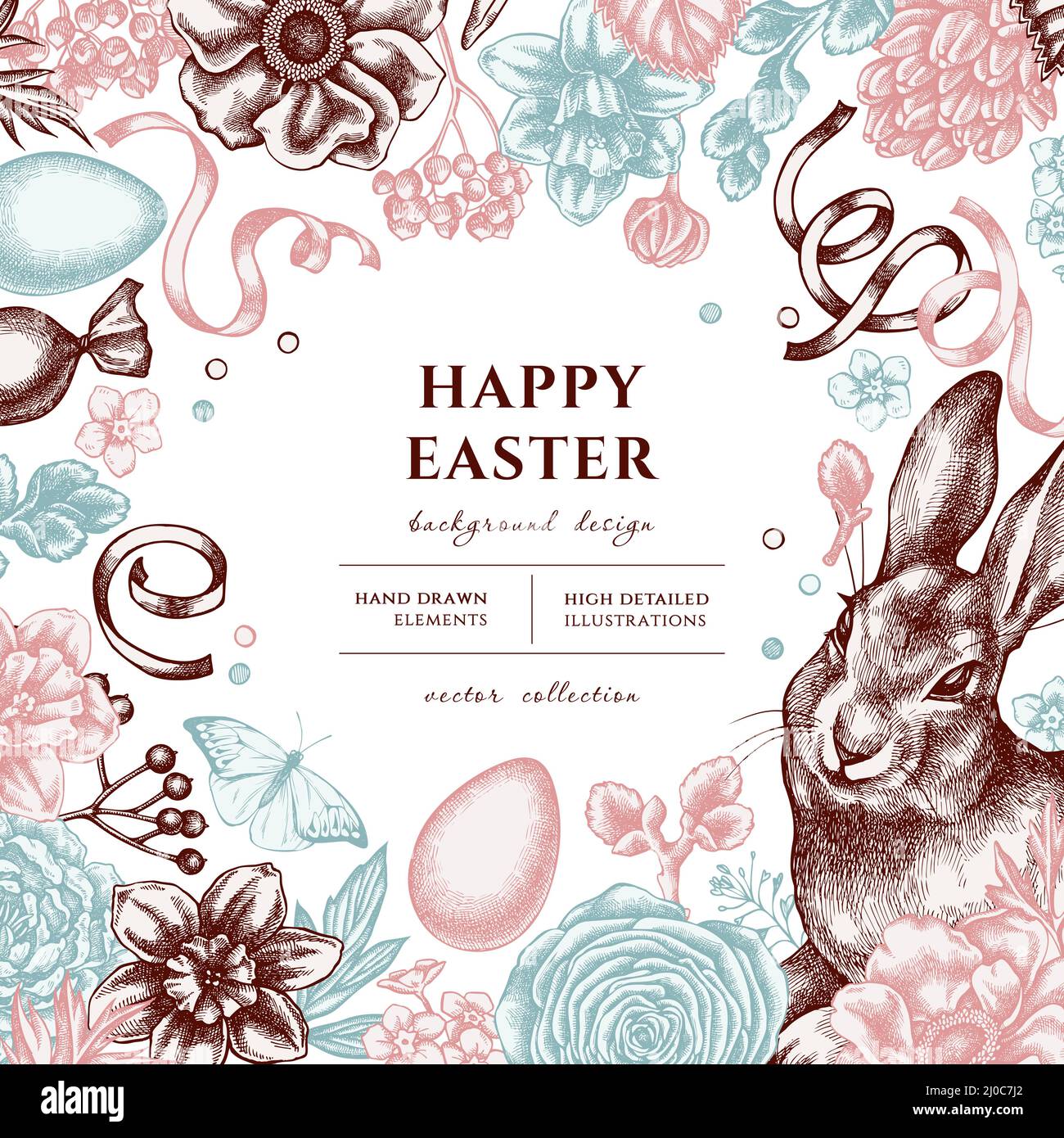 Easter hand drawn illustration design. Background with vintage rabbit, eggs, willow branches ...