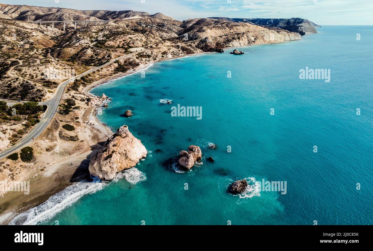 Petra tou Romiou Aphrodite's Rock cyprus, aerial picture Stock Photo ...