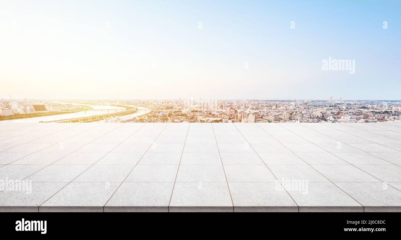 Business concept - Empty marble floor top with panoramic modern ...