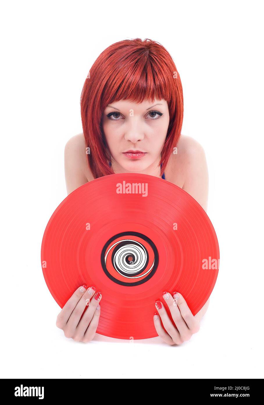Disco girl lying and holding red vinyl record in her hands Stock Photo ...