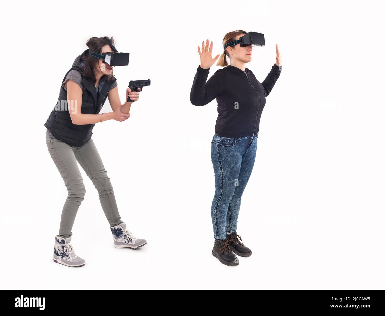 Montage with young man having fun with virtual reality glasses. Studi ...