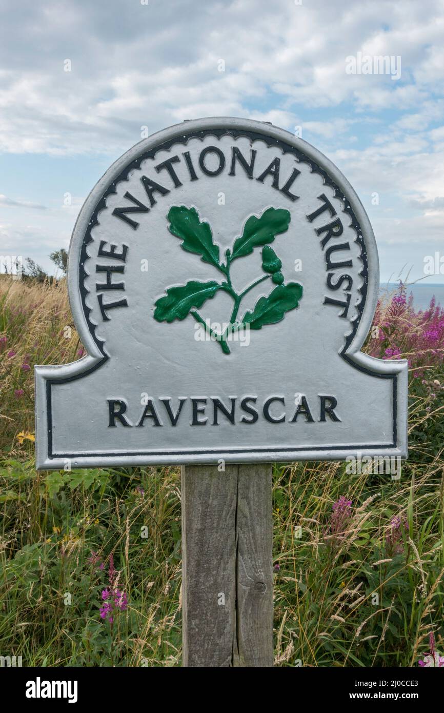 National Trust sign for the Ravenscar WWII radar station, Yorkshire, UK ...