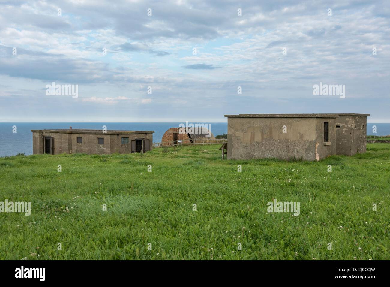General view of utbuildings of Ravenscar WWII radar station, Yorkshire ...