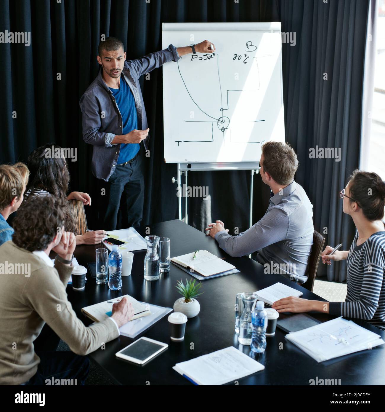 Explaining this quarters numbers. Shot of a young man giving a ...